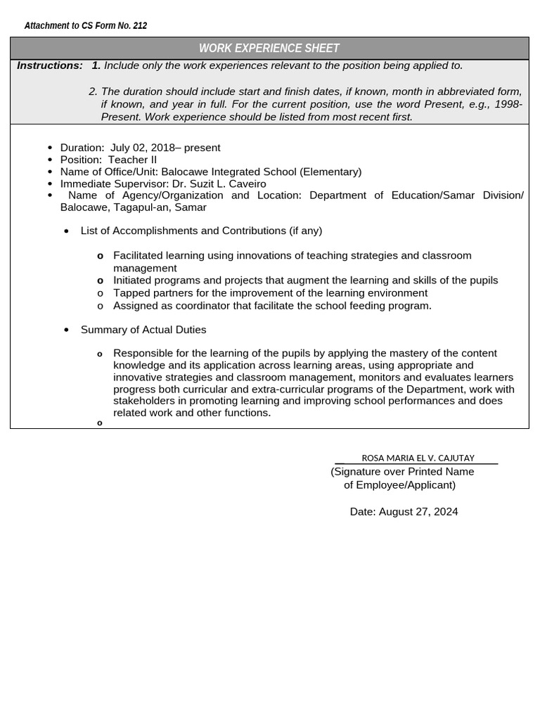 CS Form No. 212 Attachment Work Experience Sheet | PDF | Career & Growth
