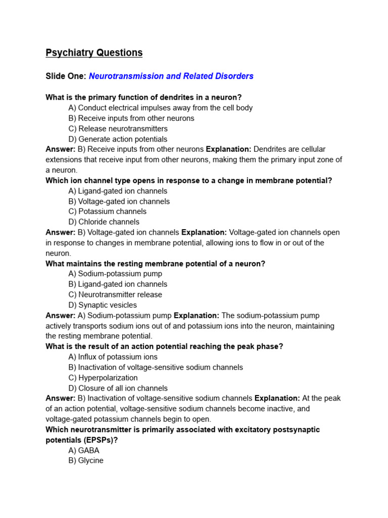 Key Psychiatry Questions on Neurotransmitters | PDF | Neurotransmitter ...