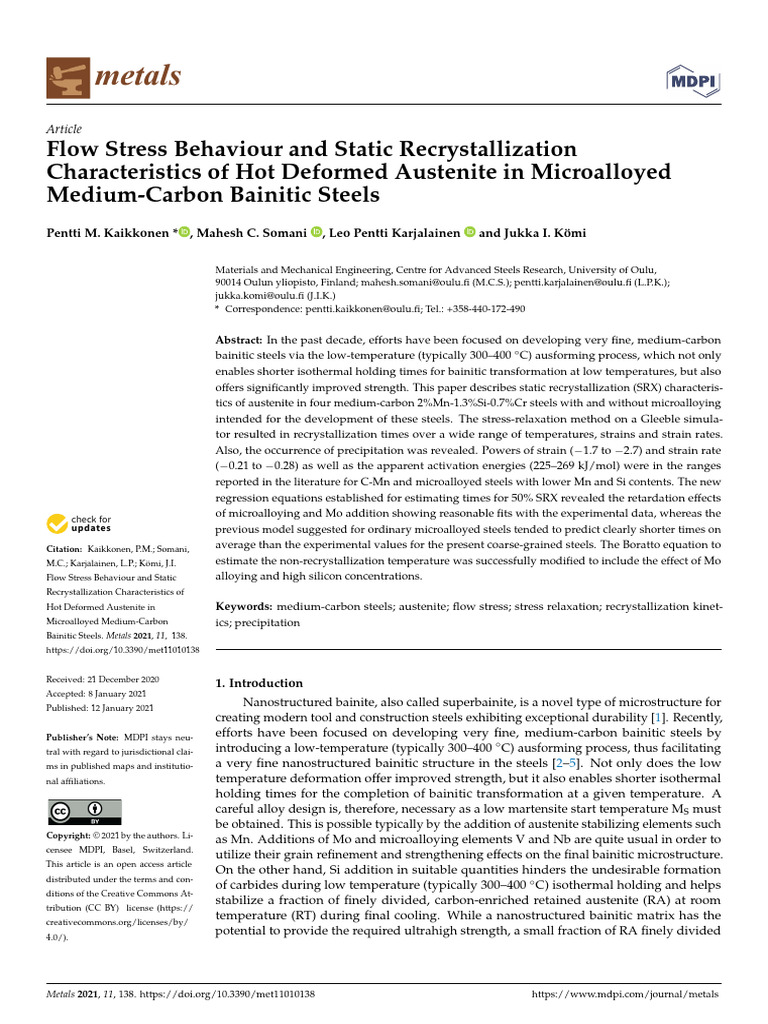 Flow Stress Behaviour And Static Recrystallization Characteristics Of Hot Deformed Austenite In