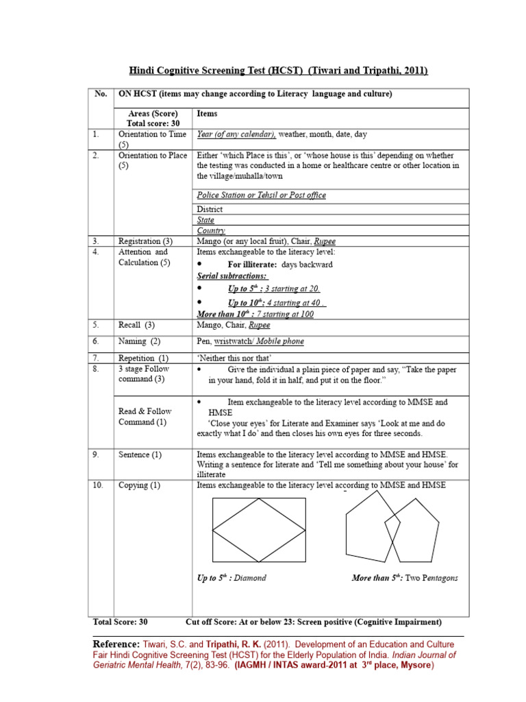 Hindi Cognitive Screening Test HCST | PDF
