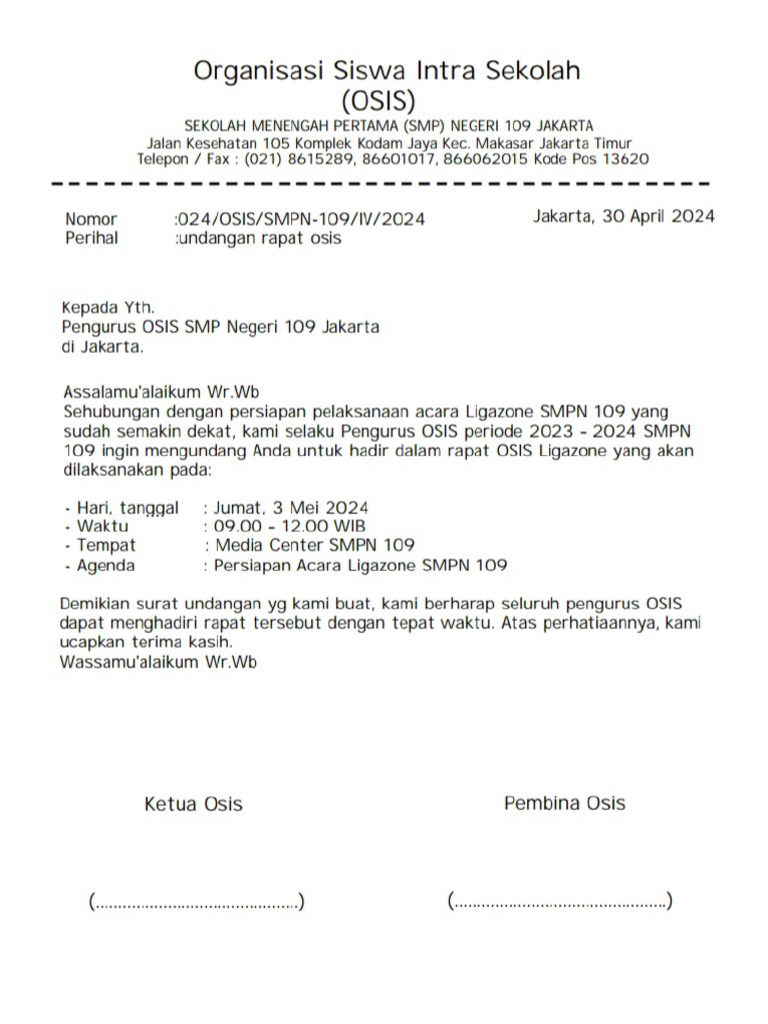 Surat Undangan Rapat Osis SMP 109 | PDF
