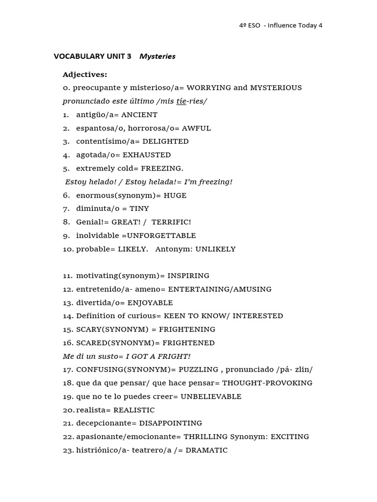 4º VOCABULARY UNIT 3 Mysteries | PDF