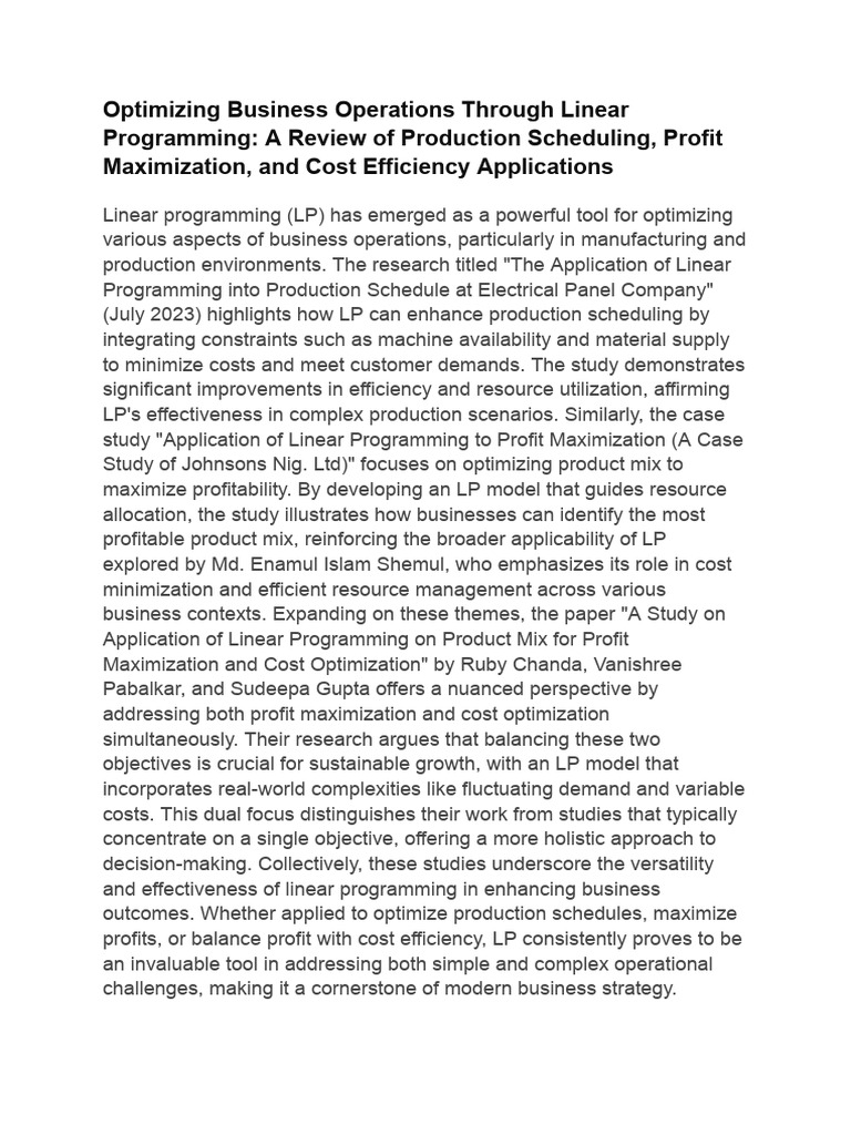 Optimizing Business Operations Through Linear Programming - A Review of Production Scheduling ...