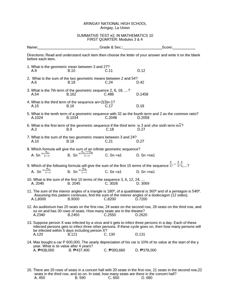 Summative 2 Q1 Math 10 2021 2022 | PDF