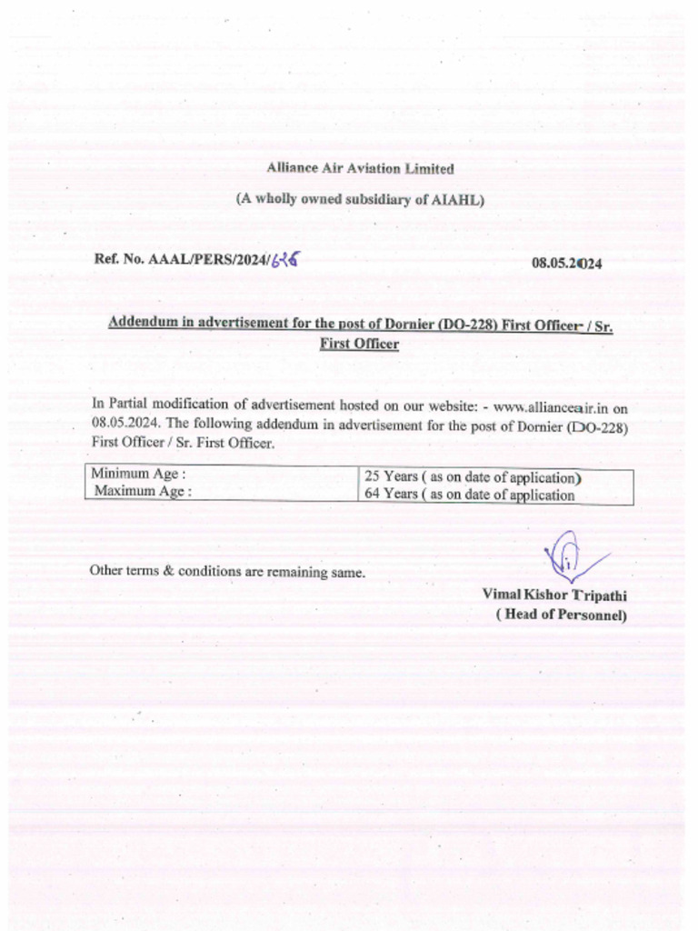 Addendum in Advertisement For The Post of Do 228 First Officer and SR ...