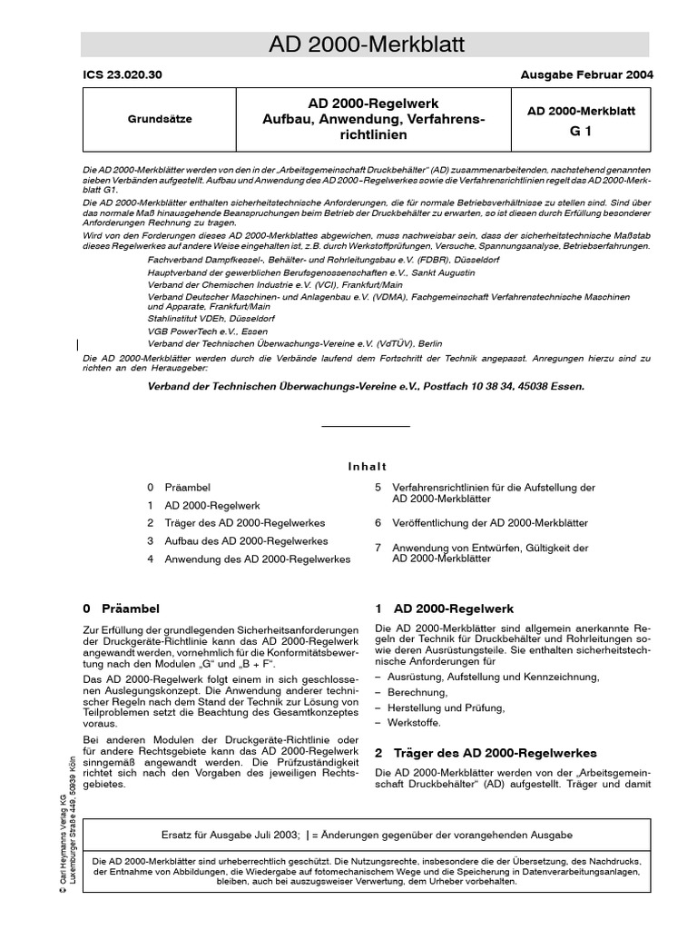 AD 2000-Merkblatt: AD 2000-Regelwerk Aufbau, Anwendung, Verfahrens-Richtlinien G1 | PDF