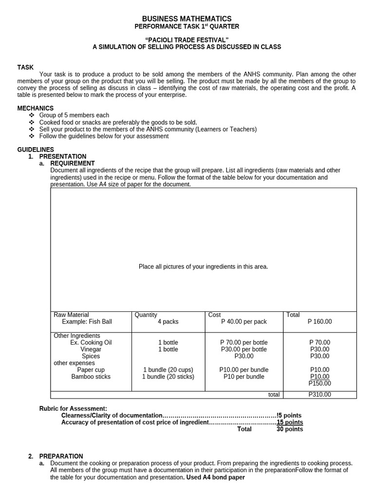 Business Mathematics Performance Task | PDF