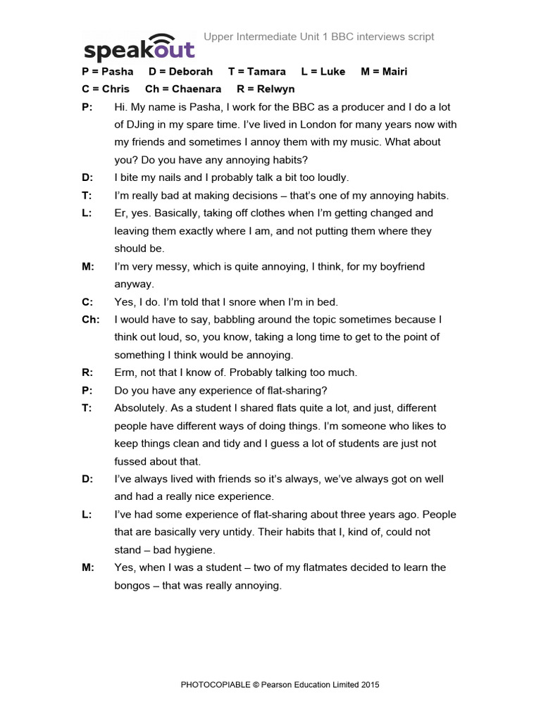 Speakout Upper-Intermediate 2nd. BBC Interviews Scripts | PDF | Lolita ...