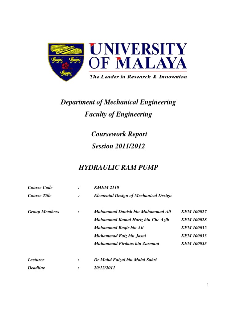 Hydraulic Ram Pump Design Report | PDF | Pump | Hydraulics