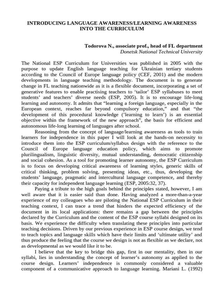Enhancing Language Awareness in ESP | PDF | Learning | Language Arts ...