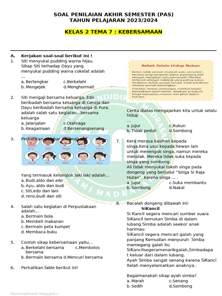 Soal Pas Kelas 2 Tema 7 - SDN 10 GM | PDF