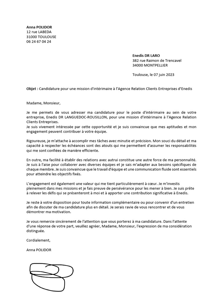Lettre Motivation Anna Polidor - Enedis DR Laro | PDF