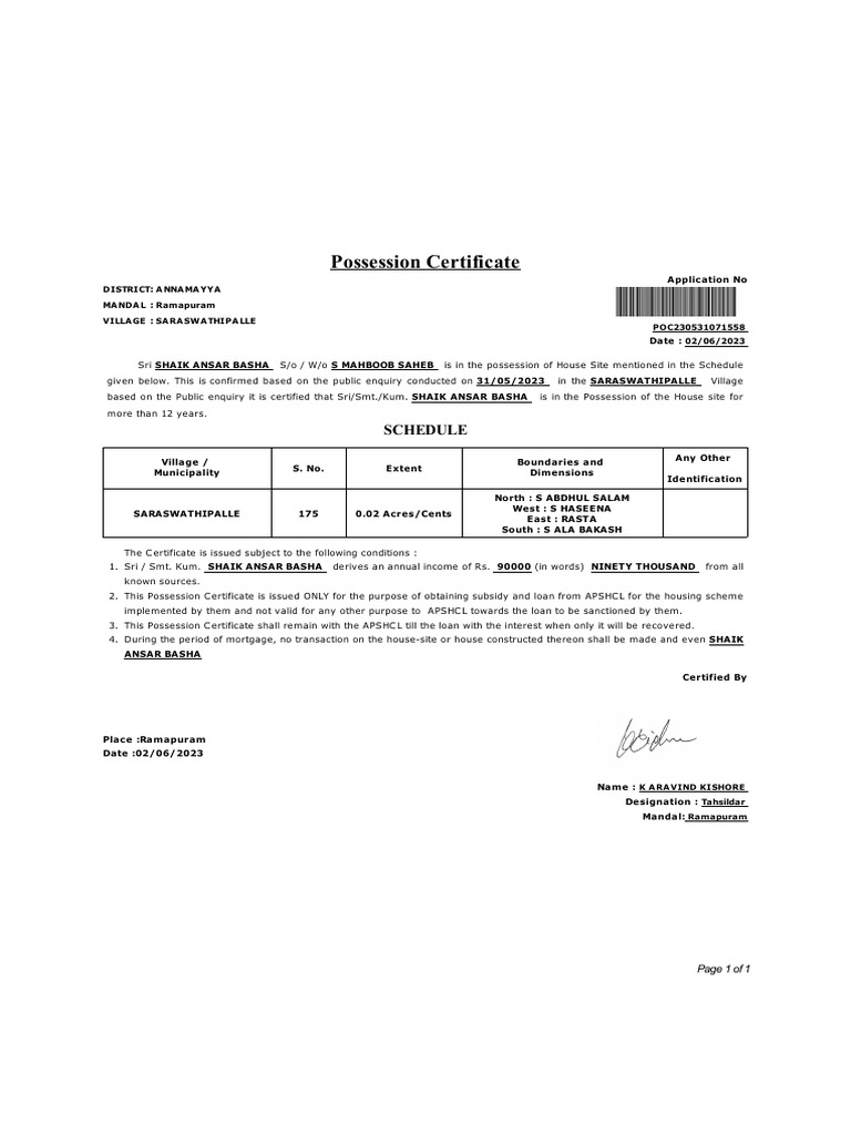 Possession Certificate - POC230531071558 | PDF