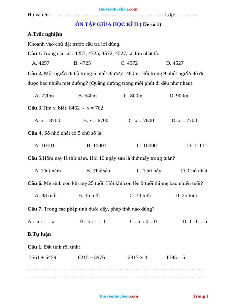 Bo de On Tap Toan 3 Giua HK2 | PDF