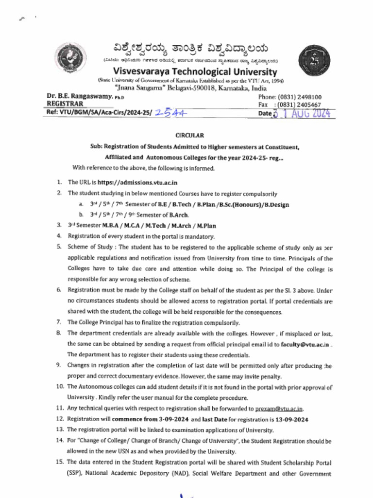 VTU Circular On Course Registration - Odd Sem - 2024-25 | PDF