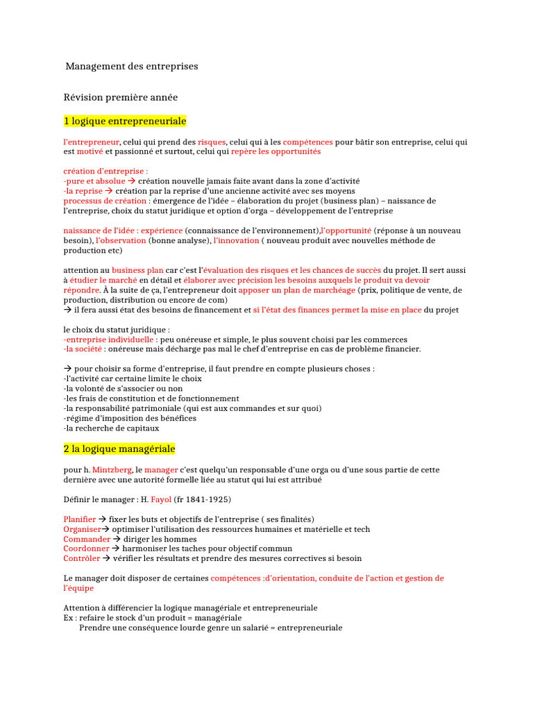 Management Des Entreprises From Vincent | PDF