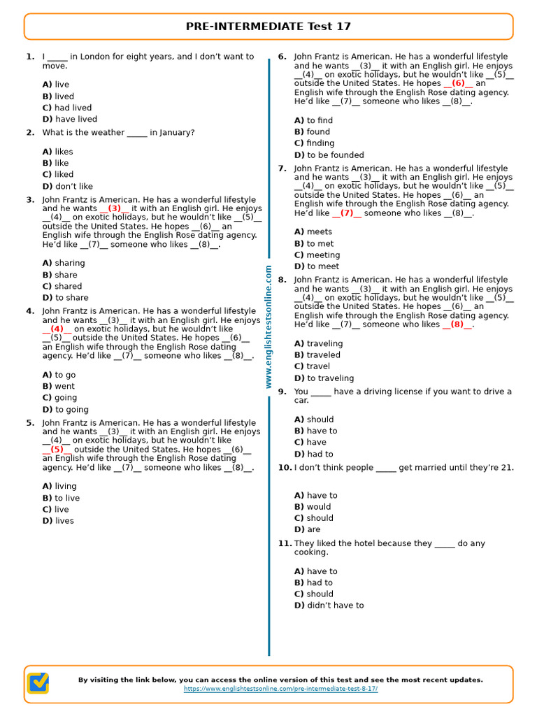 1200 - Pre Intermediate Test 17 | PDF