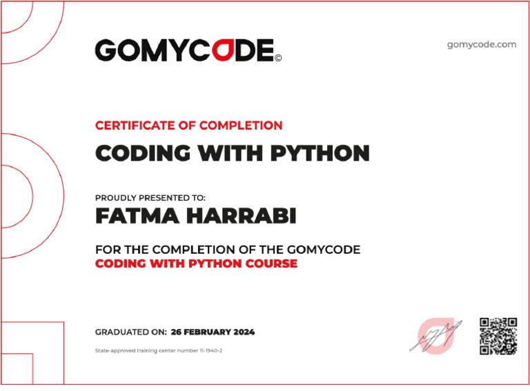 Fatma Harrabi-Coding With Python Certificate of Completion | PDF