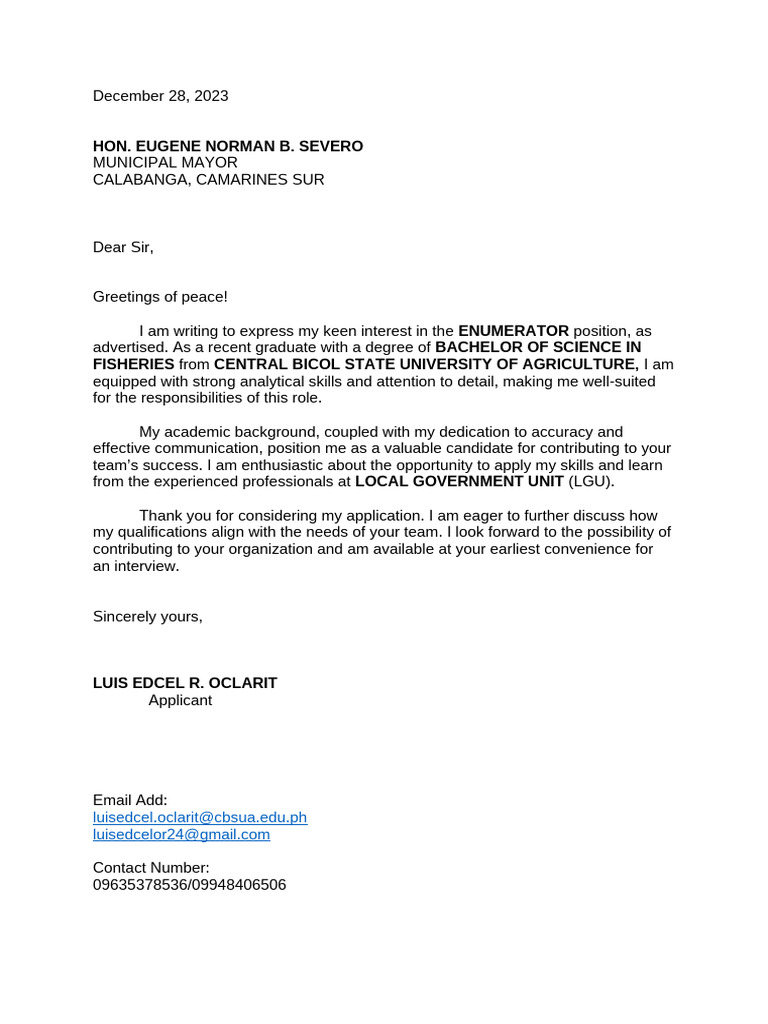 Application Letter For Munisipyo | PDF