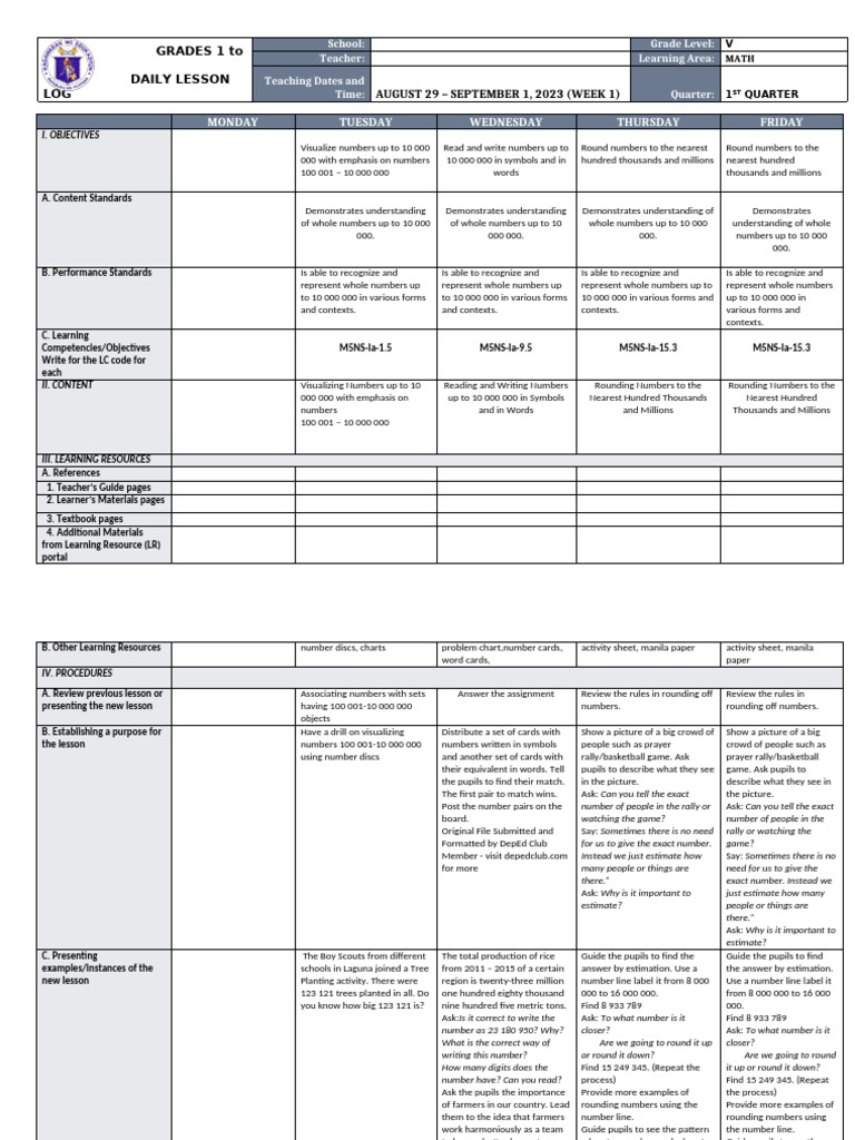 DLL - Math 5 - Q1 - W1 | PDF