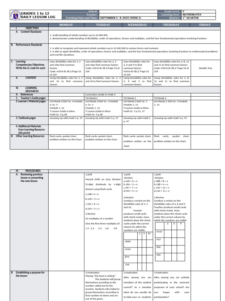 DLL - Mathematics 5 - Q1 - W2 | PDF