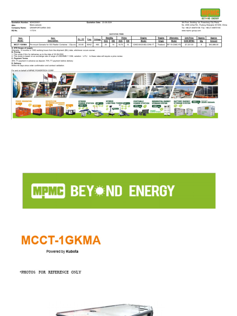 MPMC Quotation for Reefer Gensets | PDF
