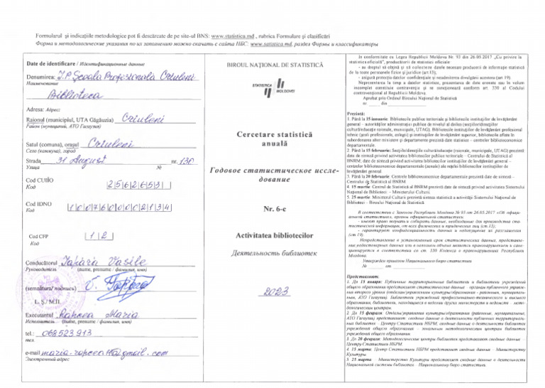 Foaie de Titlu Cercetare Statistică Anuală - 2023 - IP Ș.P. Criuleni | PDF