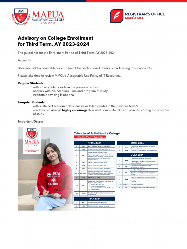 Advisory On College Enrollment 3T AY 2023 2024 1 | PDF