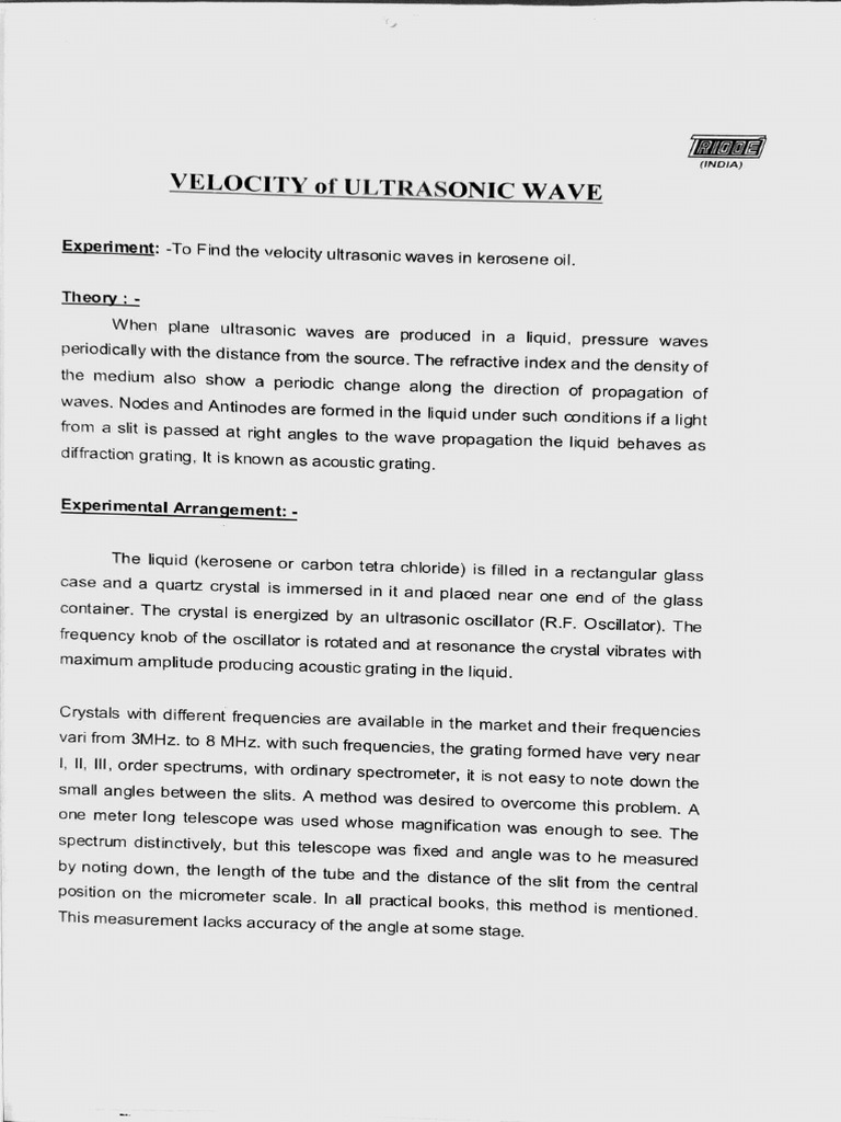 To Determine The Wavelength and Velocity of Ultrasonic Waves in A Liquid (Kerosene Oil) by ...