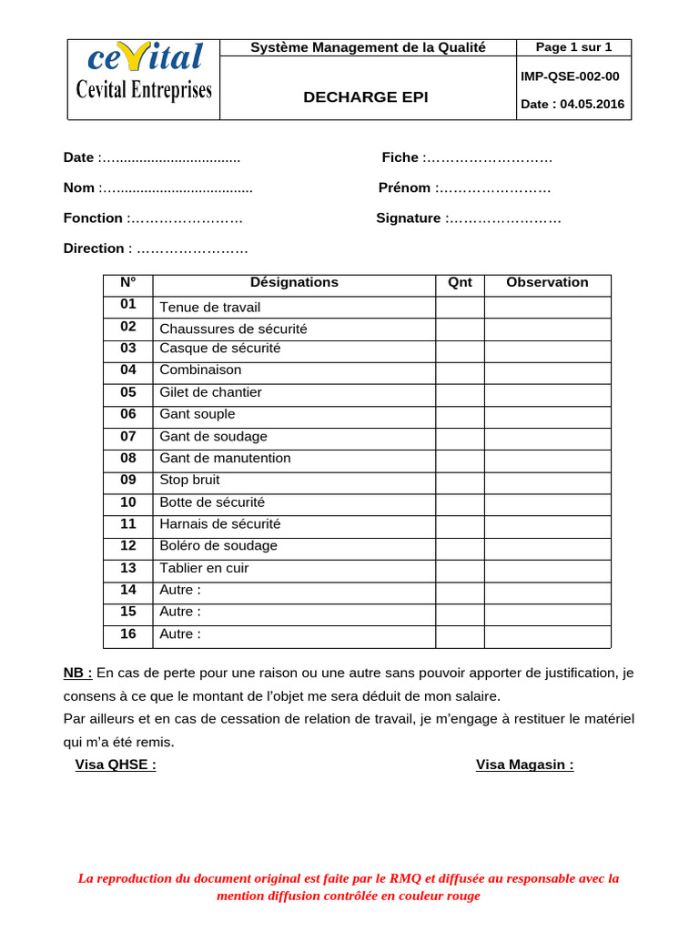 IMP-QSE-002-00 Décharge EPI | PDF