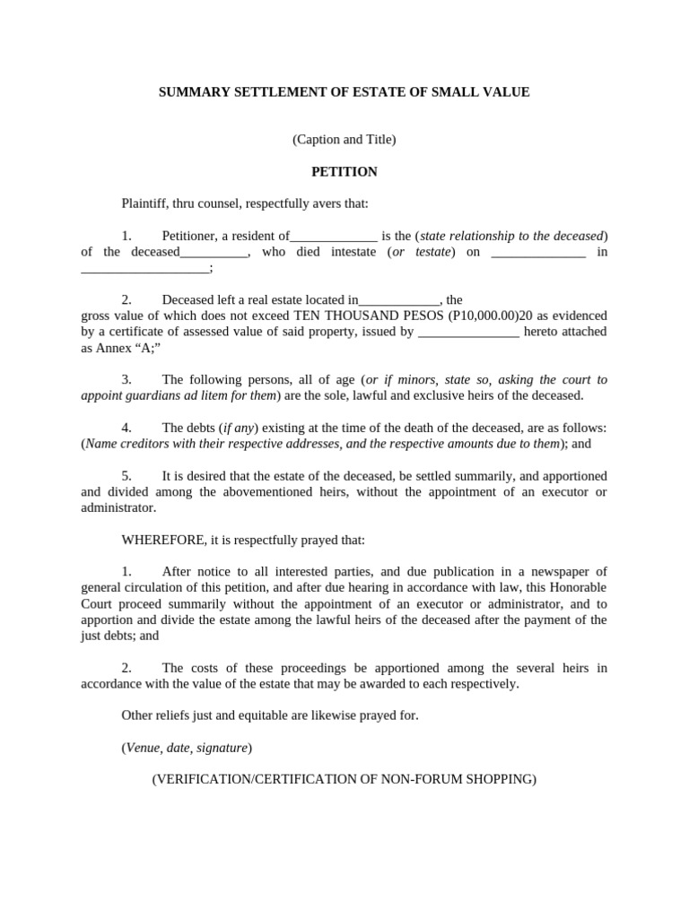 Summary Settlement of Estate of Small Value | PDF