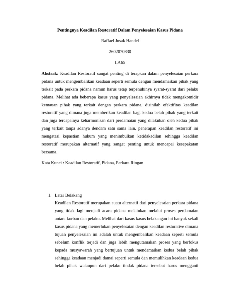 Pentingnya Keadilan Restoratif Dalam Penyelesaian Kasus Pidana | PDF | Pengelolaan Keuangan ...
