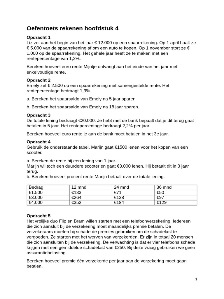 Oefentoets Rekenen Hoofdstuk 4 | PDF