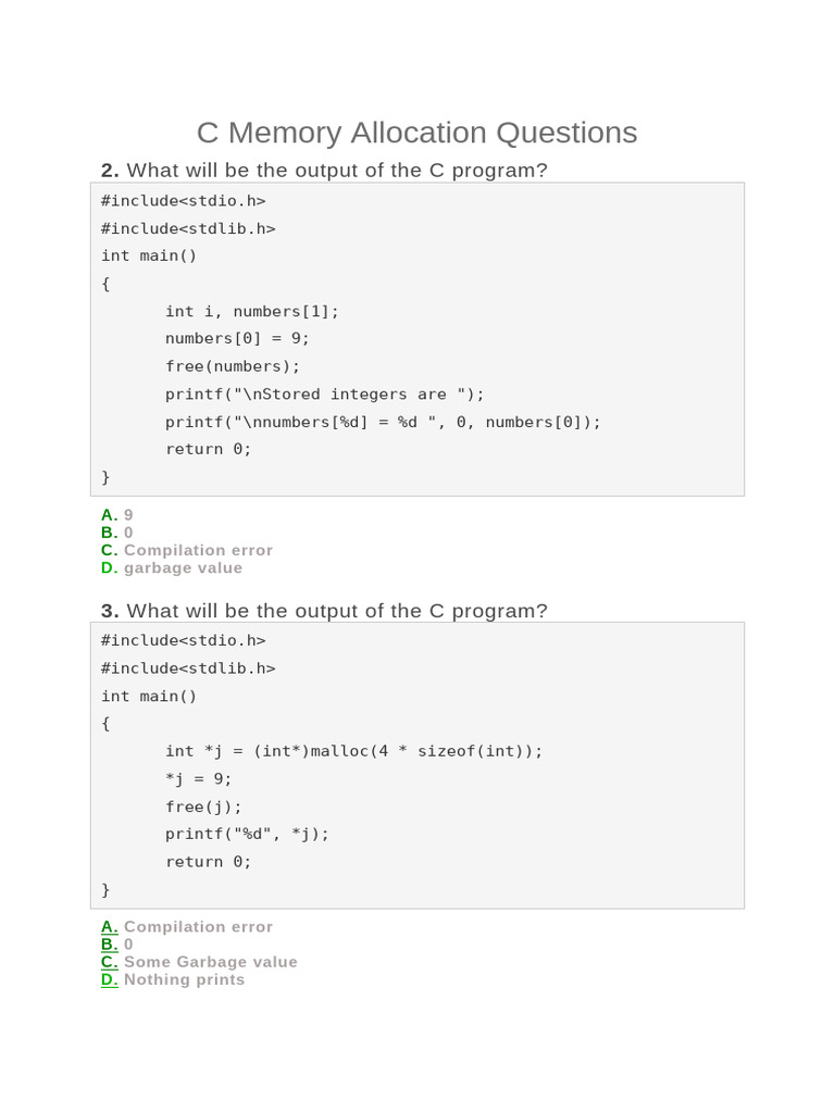 C Memory Allocation Quiz | PDF | Pointer (Computer Programming) | Computer Science