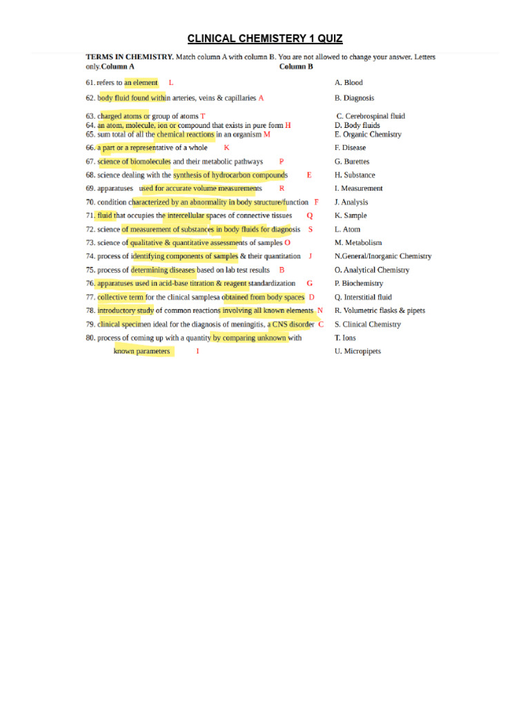 Clinical Chemistry Quiz Guide | PDF | Blood Plasma | Home & Garden