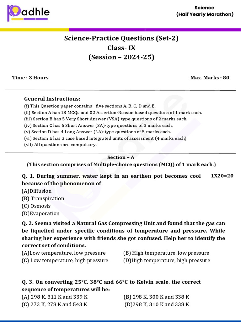 Science Practice Questions (Set 2) 9th | PDF