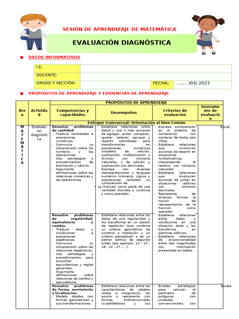 SesiÓn De EvaluaciÓn DiagnÓstica De MatemÁtica Pdf 0279