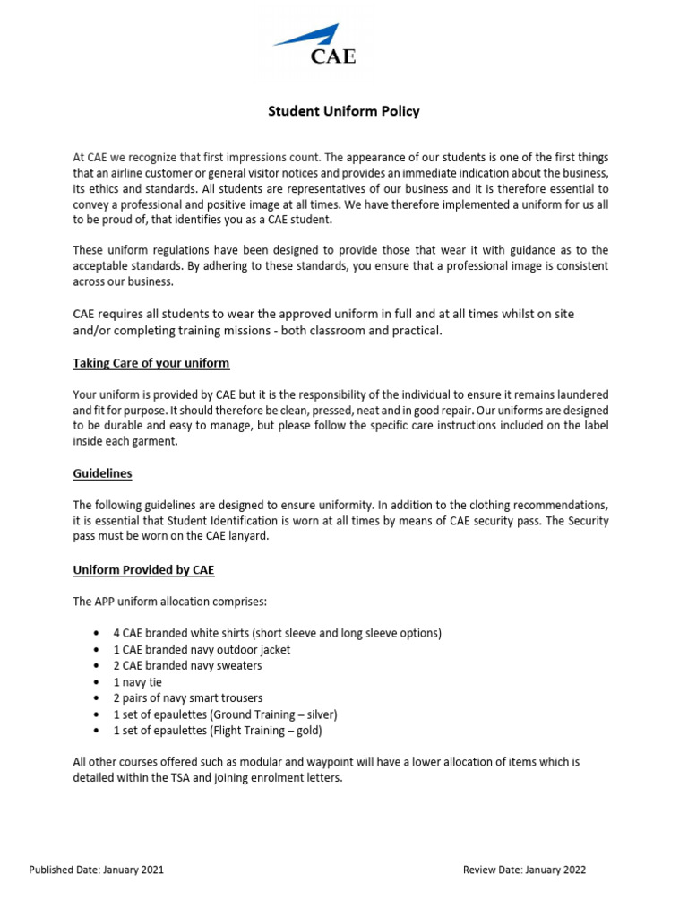 CAE Student Uniform Policy - (FTO) | PDF | Clothing | Uniforms