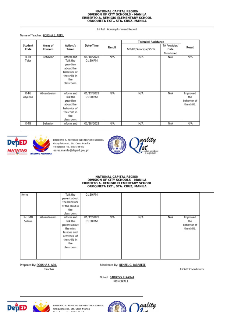 EFAST Accomplishment Report | PDF