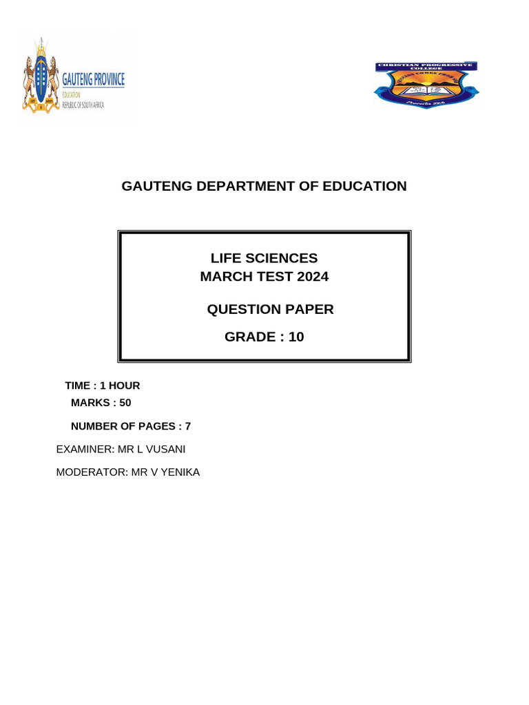 March Test 2024 Life Sciences Grade 10 | PDF