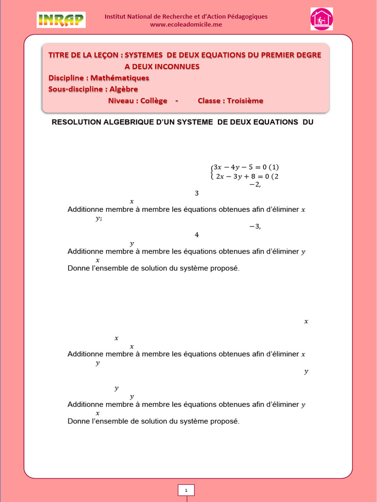 MATHS - 3me - SYSTEMES DE DEUX EQUATIONS DU PREMIER DEGRE A DEUX ...
