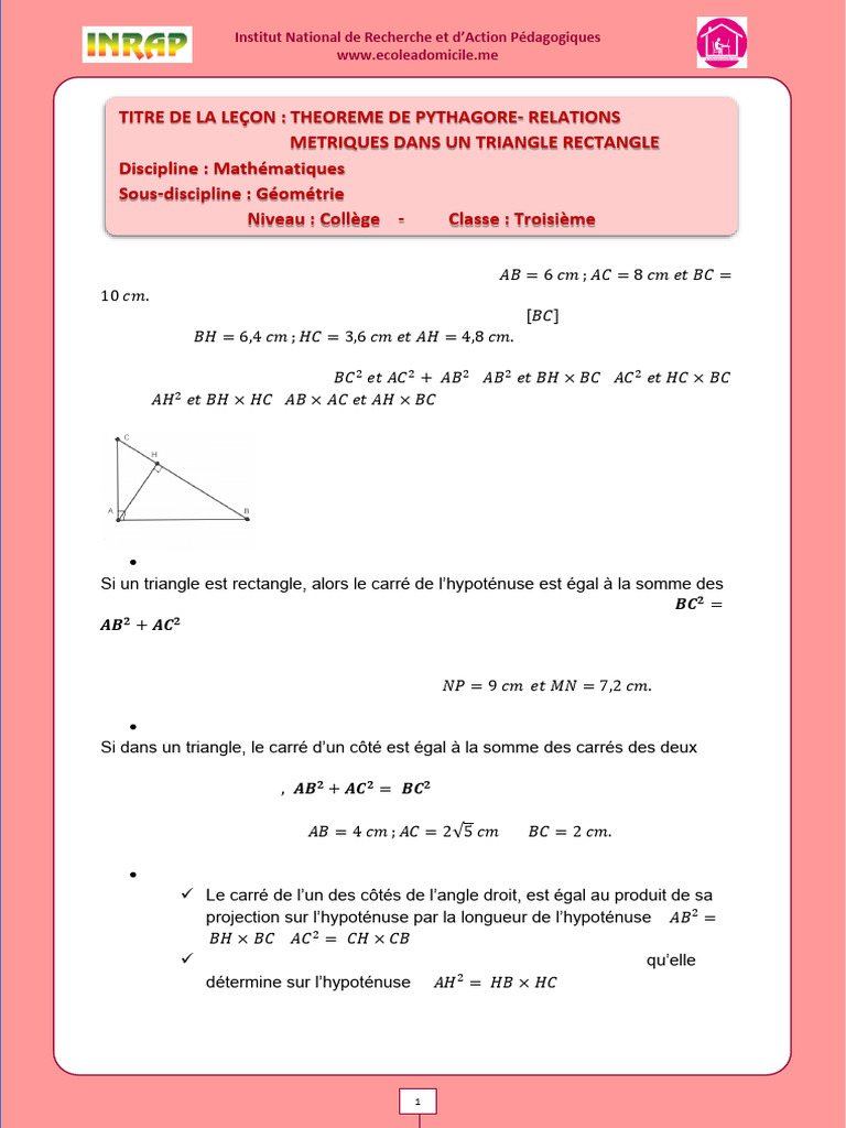 Maths - 3me - Theoreme de Pythagore - Relations Metriques Dans Un ...