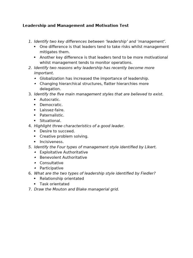 BM Leadership+Management+Motivation Test | PDF