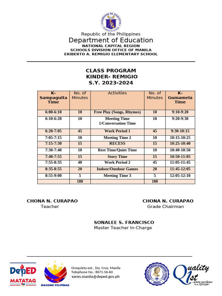 Official Template Class and Teachers Program Kinder | PDF