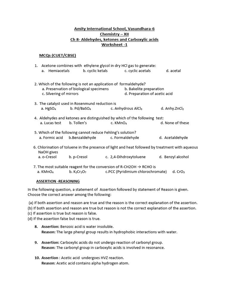 AISV6 - XII - CHEM - CHP8 - WKSH-1 - (MCQS and AR) | PDF
