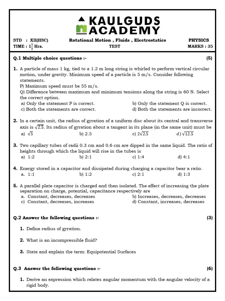 XII HSC Physics Rotational Motion, Fluids, Electrostatics Test | PDF