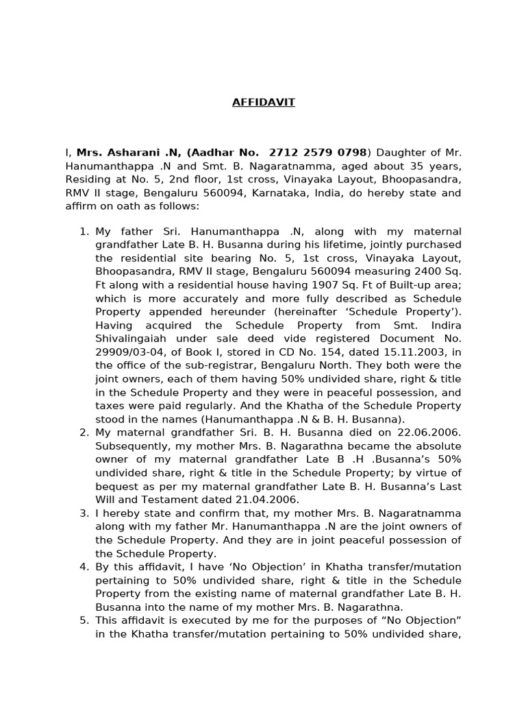 Asha .N NOC Khatha Affidavit | PDF