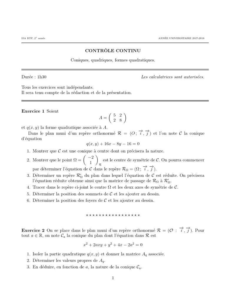 CC Coniques ISA2 17-18 | PDF