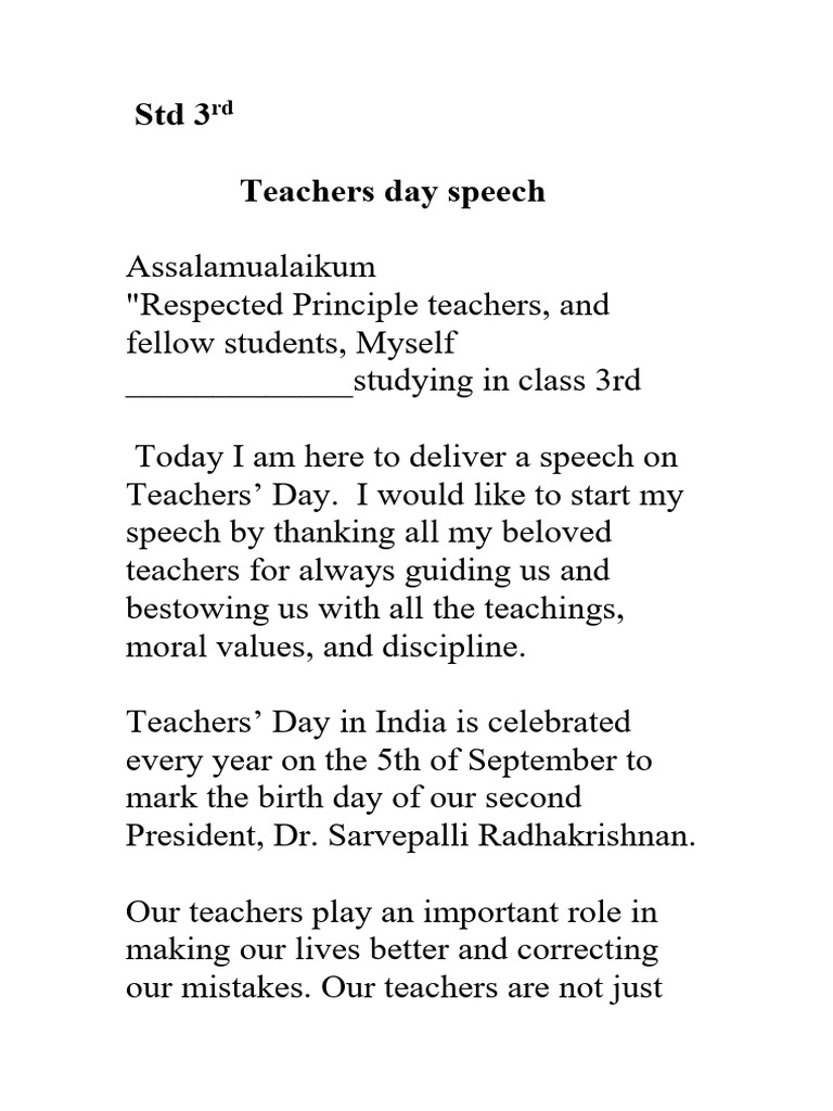 STD 3rd Teachers Day Speech | PDF