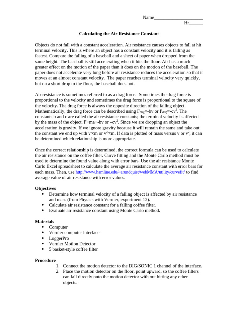 Air Resistance Activity S | PDF | Drag (Physics) | Force